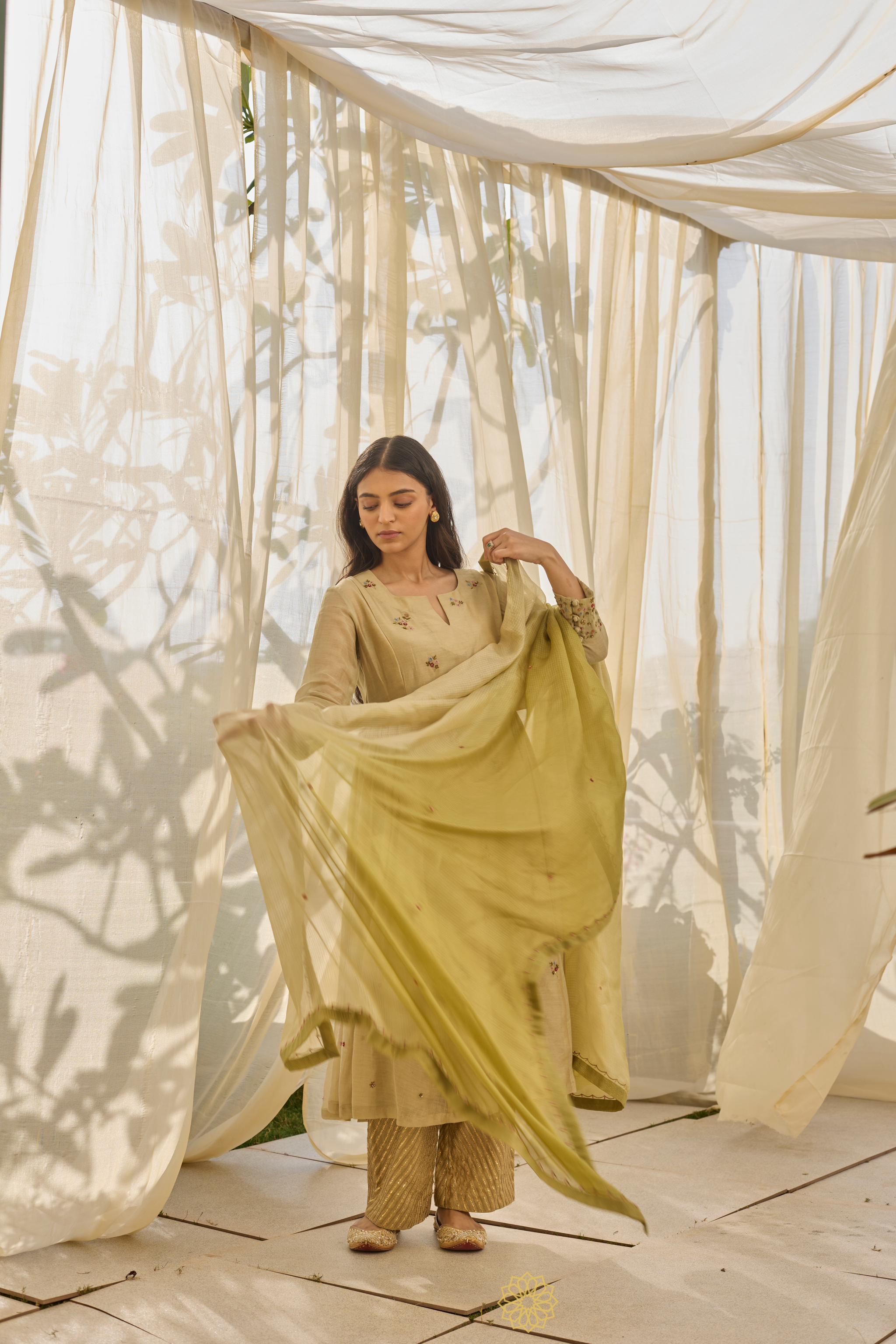EHSA - Almond Green Chanderi Anarkali, Tonal Pants with Dual-Shade Kot